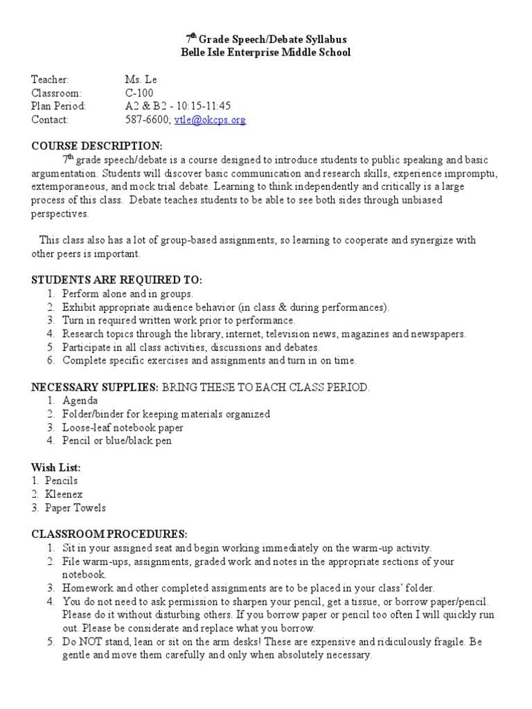 7th Speech-Debate Syllabus | PDF | Public Speaking | Homework