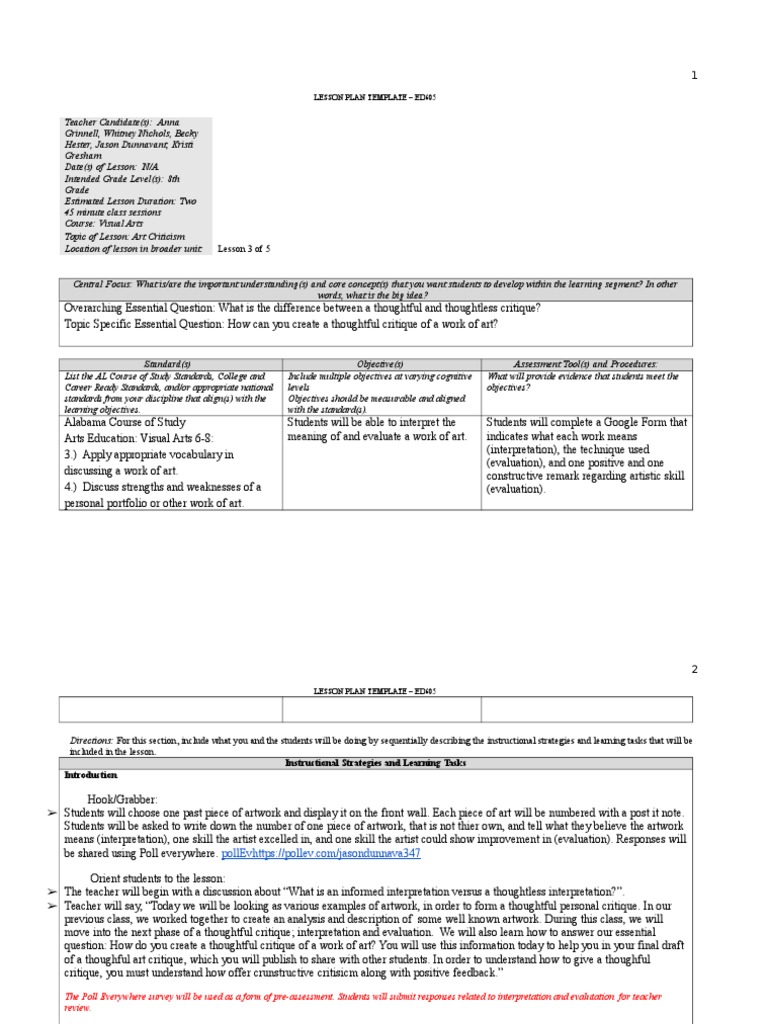Lessonplantemplate Artcriticism | PDF | Special Education | Lesson Plan