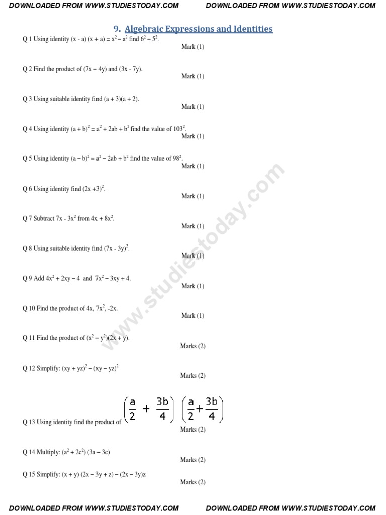 Algebraic Expressions Practice | PDF | Polynomial | Complex Analysis