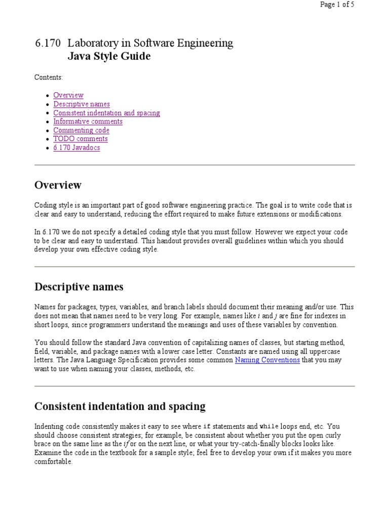 Java Style Guide: 6.170 Laboratory in Software Engineering | Download ...