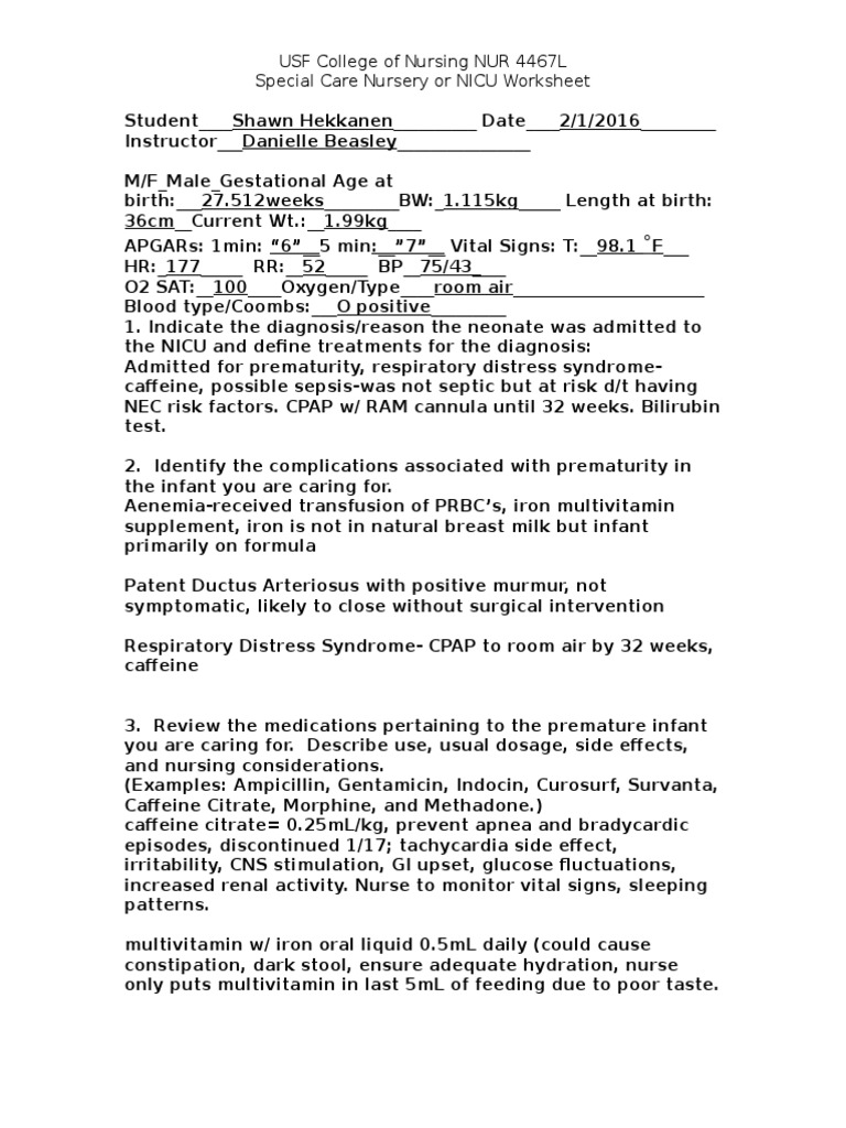 Nicu Worksheet Completed | PDF | Neonatal Intensive Care Unit ...