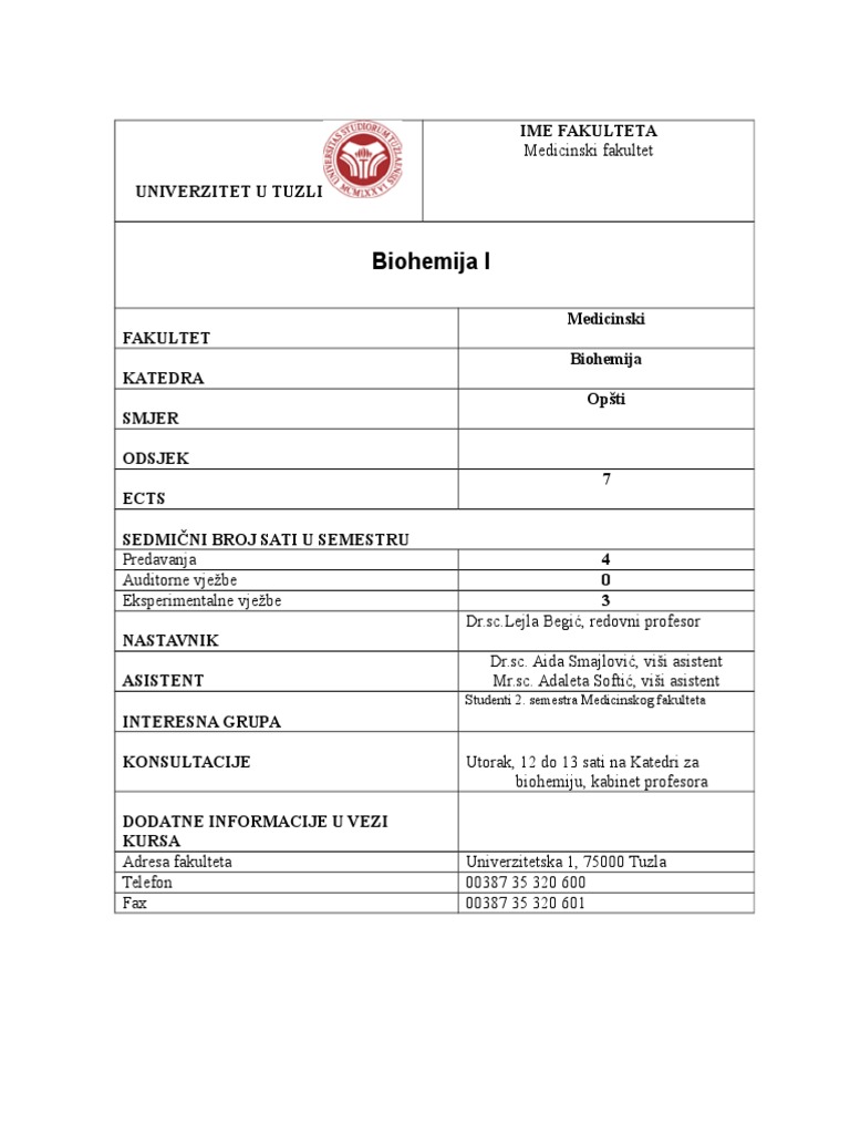 Syllabus Biohemija I | PDF