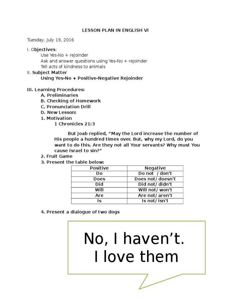 LESSON PLAN in ENGLISH VI - Positive.negative Rejoinder | PDF | Verb ...