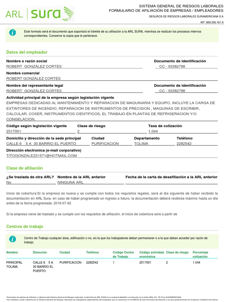 Formulario Afiliacion Arl Sura | PDF | Derecho laboral | Seguro