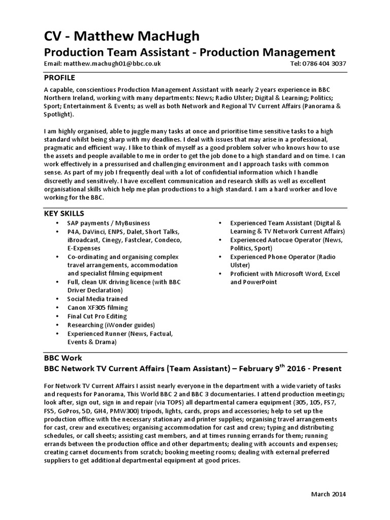 BBC Production Team Assistant CV | PDF | Bbc | Filmmaking