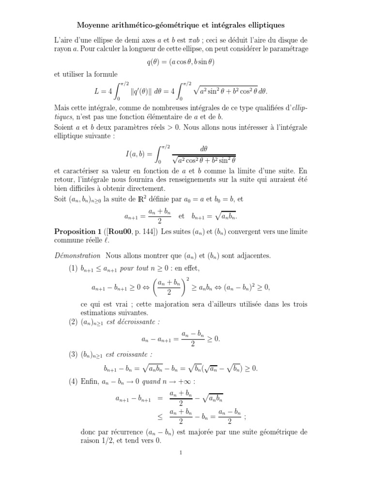 Moyenne Arithmėtico-géométrique Et Intégrale Elliptique | Ellipse | Pi