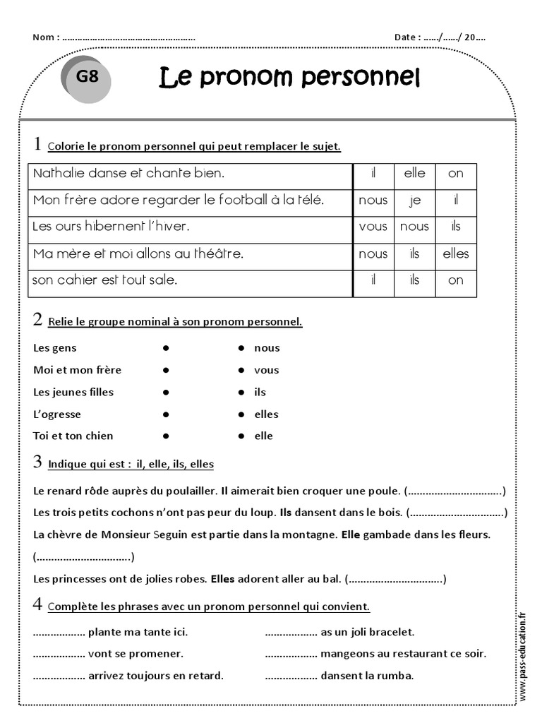 Pronoms Personnels Ce1 Exercices à Imprimer