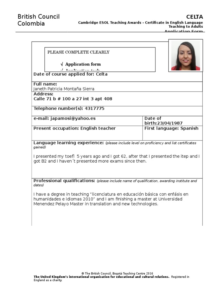 Celta Application Form | PDF