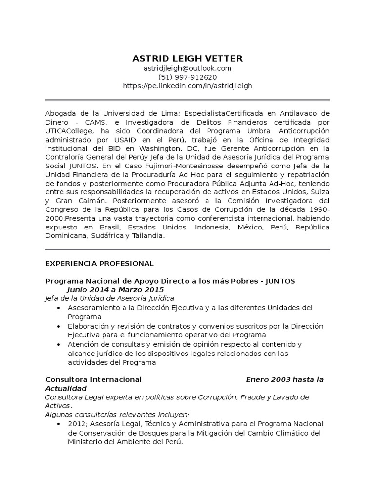 CV Astrid Leigh | PDF | Banco Interamericano de Desarrollo | Perú