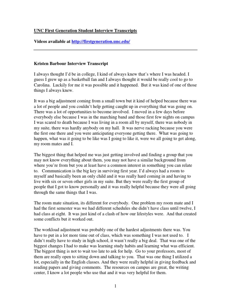 UNC First Generation Student Interview Transcripts Videos Available at ...