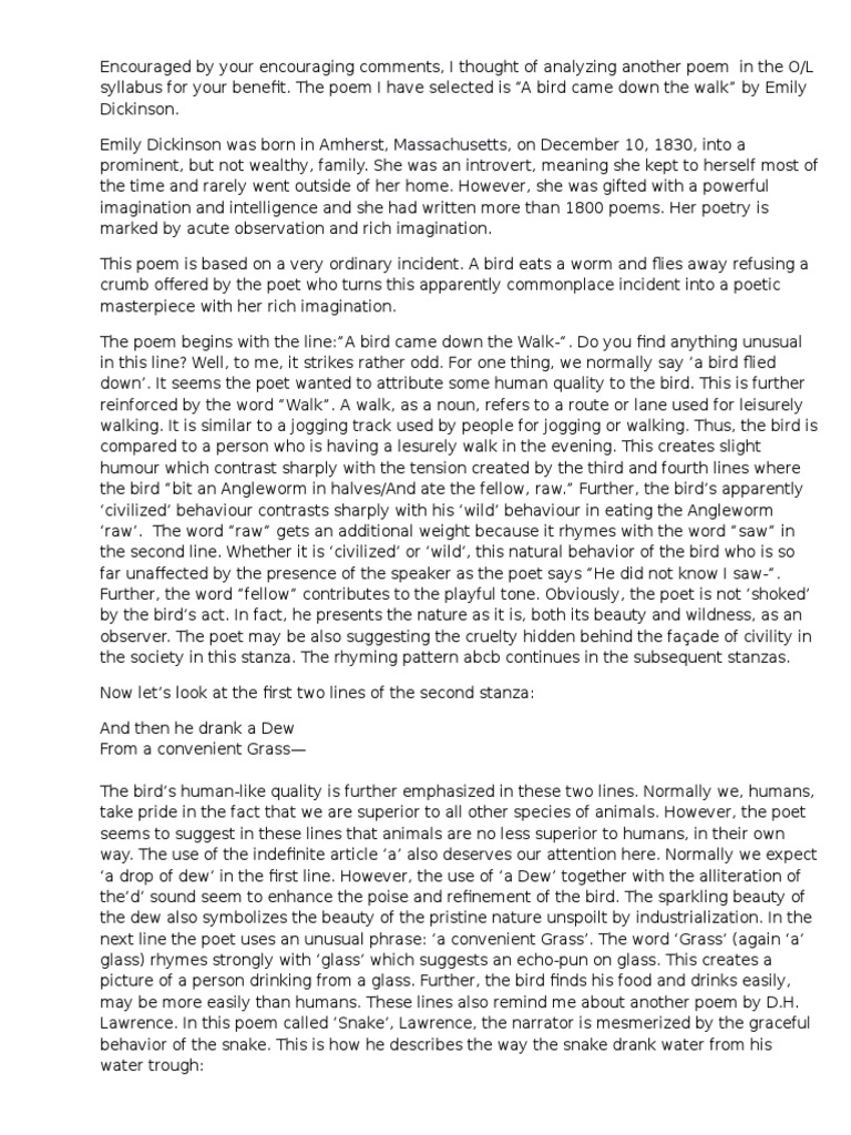 A Bird Came Down The Walk Analysis | PDF | Emily Dickinson | Poetry