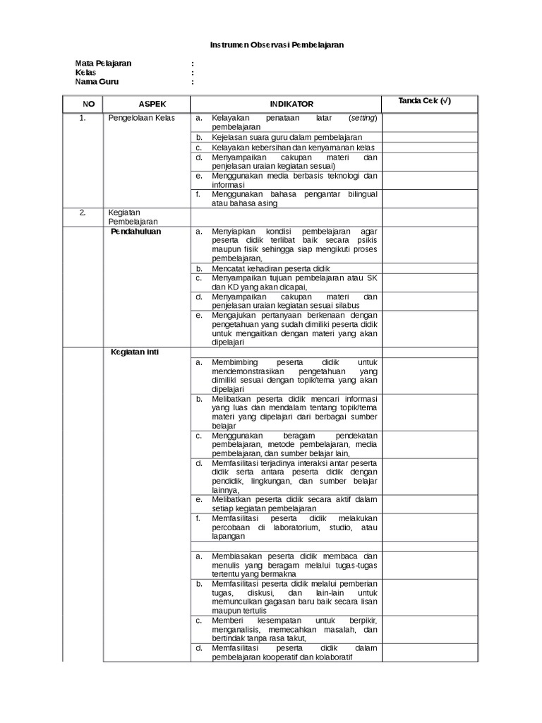 Instrumen Telaah RPP Dan Observasi Pembelajaran | PDF