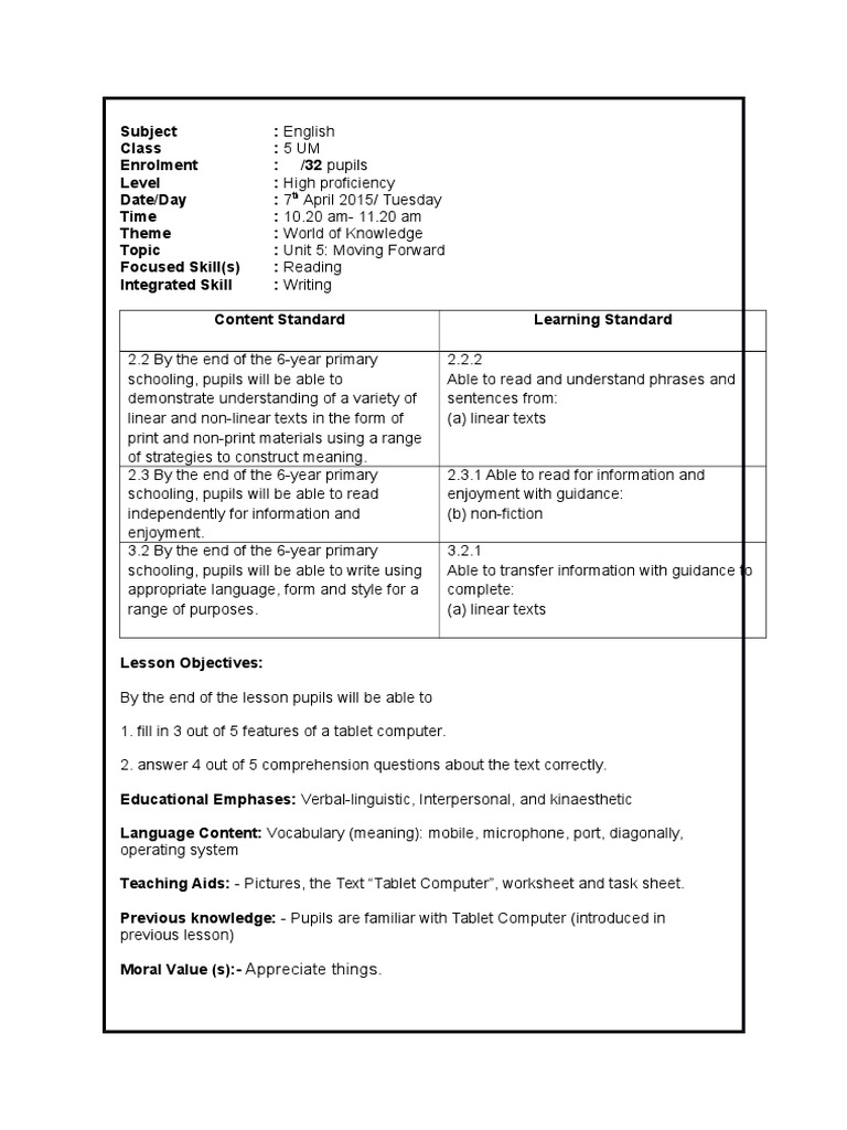 Lesson Plan Year 5 (Reading= Moving Forward) | Reading Comprehension ...