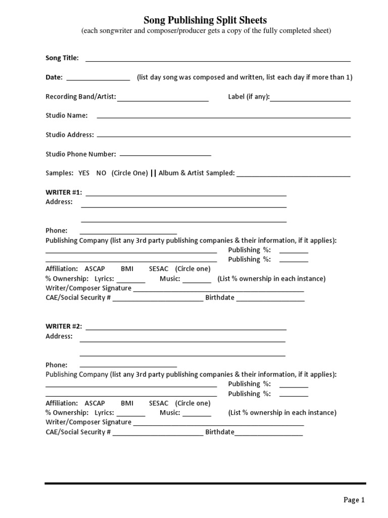 Song Publishing Split Sheet | PDF