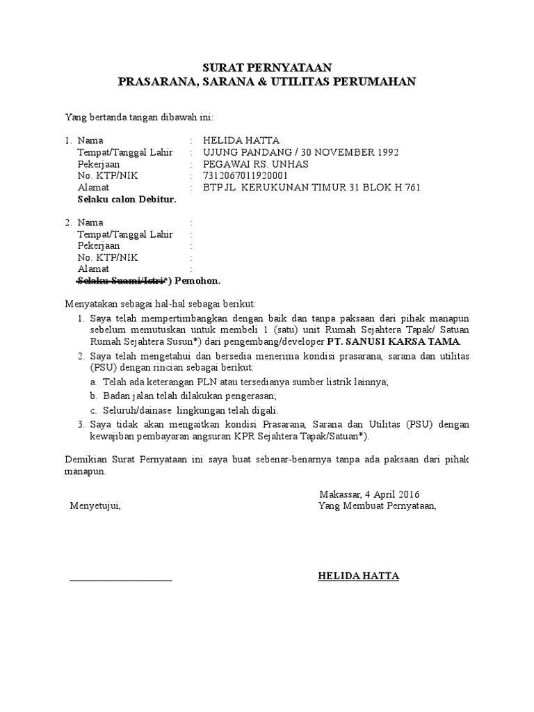 Surat Pernyataan Prasarana Sarana And Utilitas Perumahan Pdf