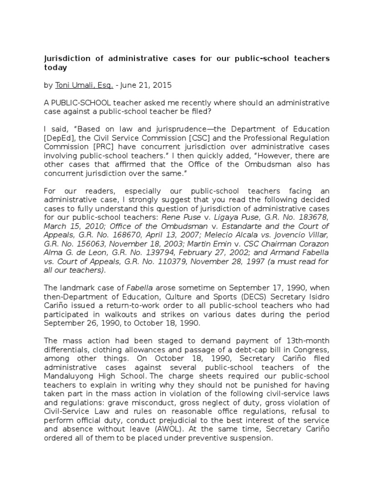 Jurisdiction of Administrative Cases For Our Public School Teachers ...