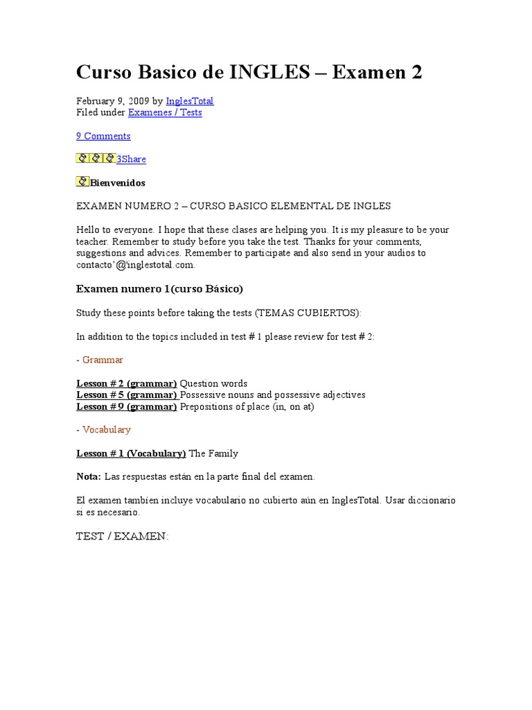 Curso Basico de Ingles - Examen 2: Inglestotal Examenes / Tests 9 ...