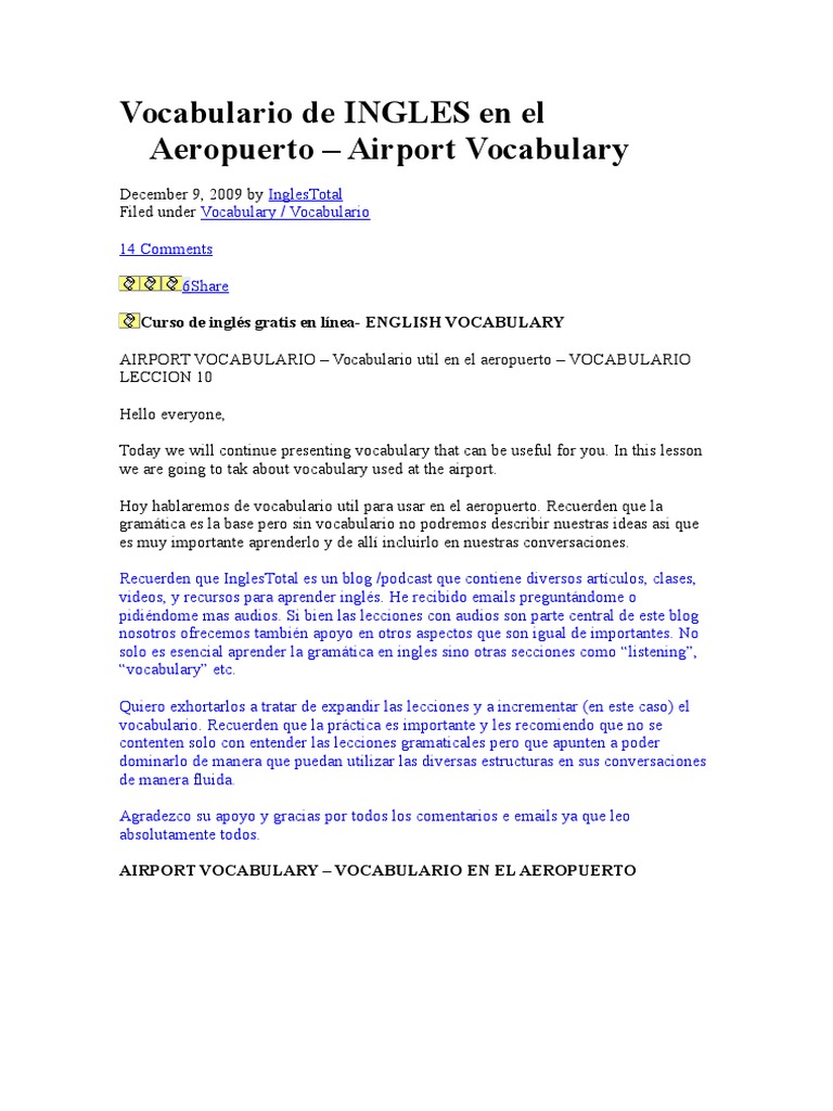 VOCABULARY - Vocabulario de INGLES en El Aeropuerto | Descargar gratis ...
