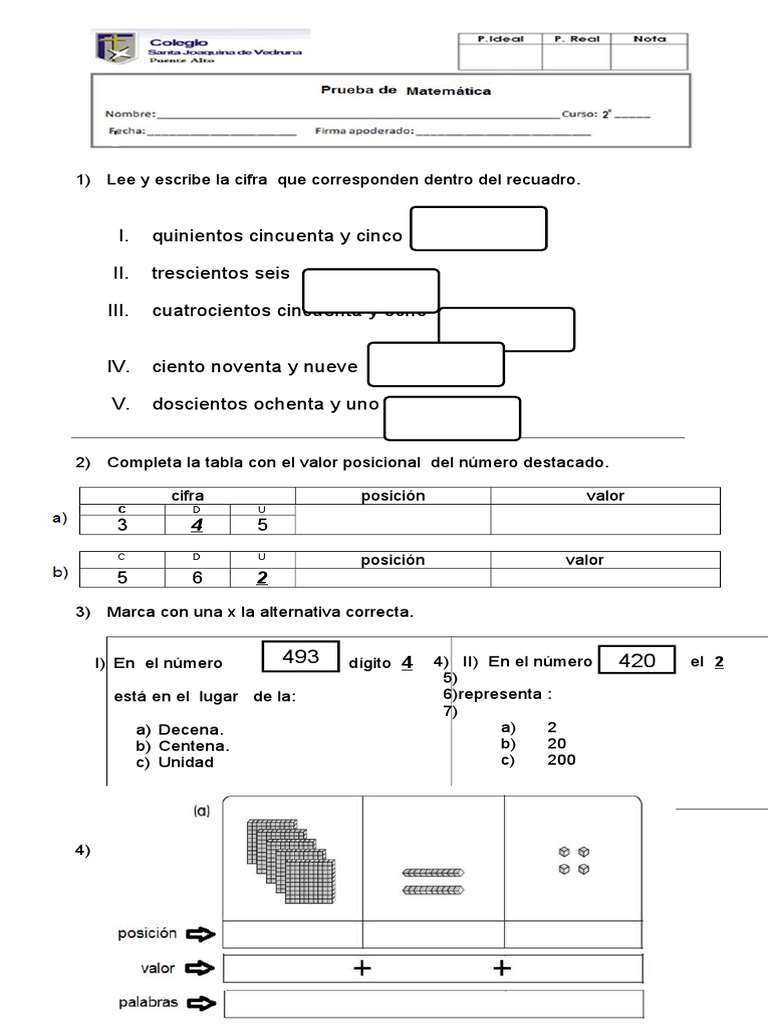 Prueba Numeración Valor Posicional 600 | PDF | Métodos y materiales de ...