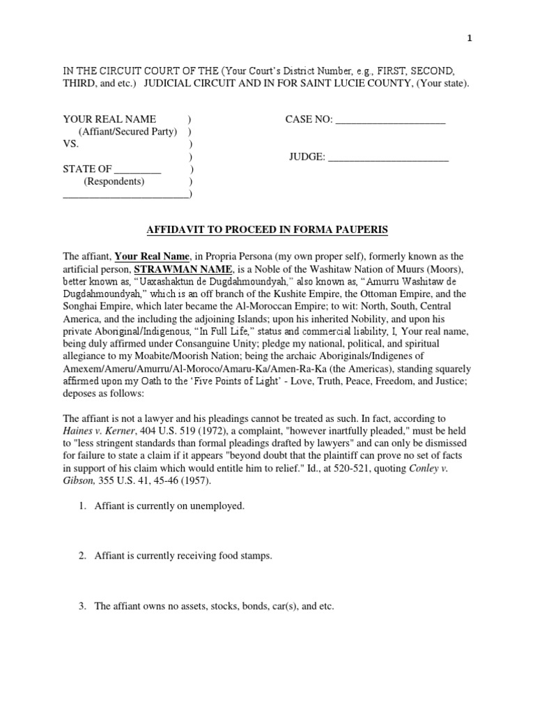 Affidavit To Proceed in Forma Pauperis Sample | PDF | Affidavit | Legal ...
