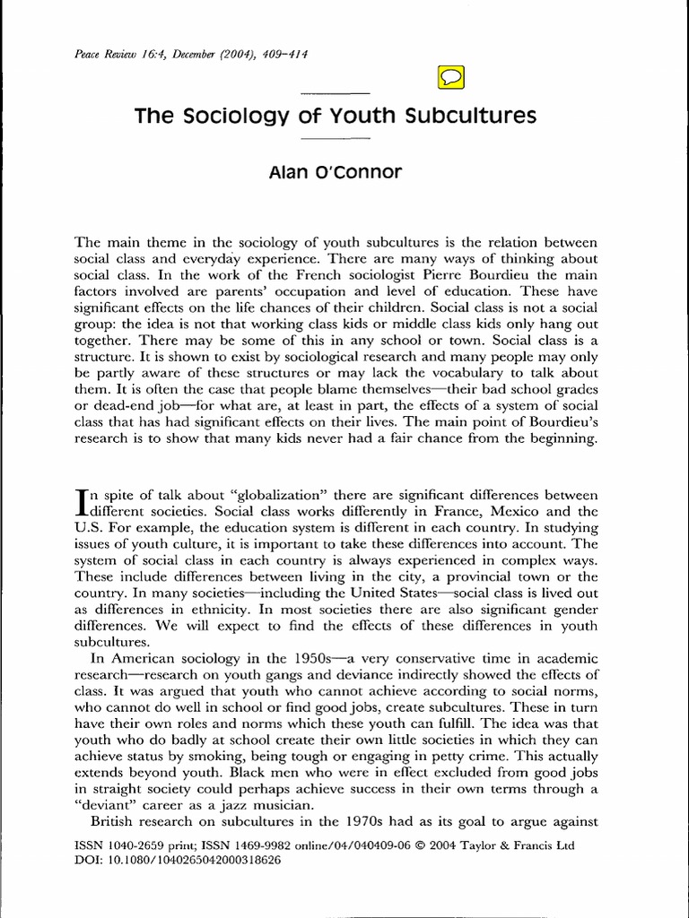 The Sociology of Youth Subcultures: Alan O'Connor | PDF
