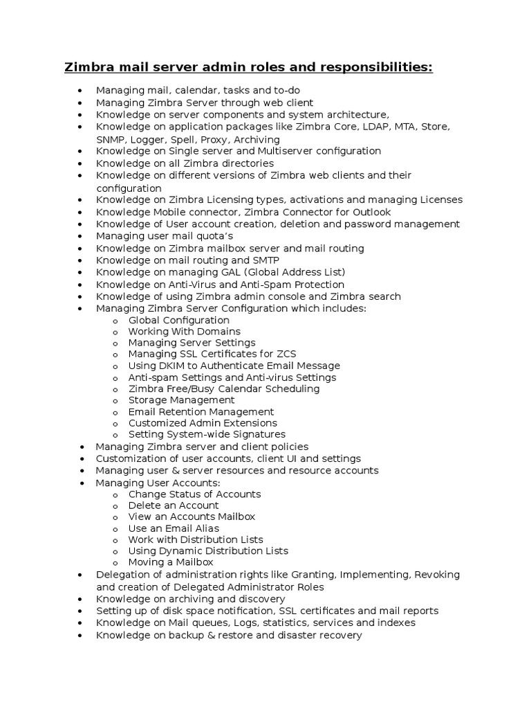 Zimbra Server Admin Roles Overview | PDF