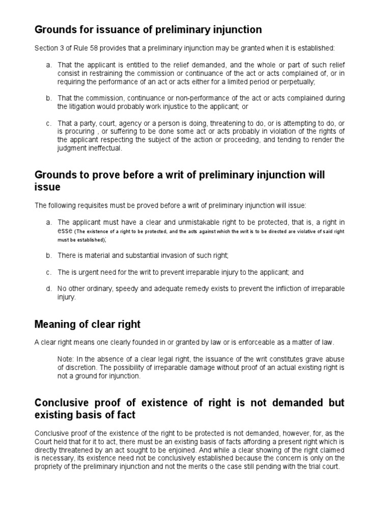 Grounds For Issuance of Preliminary Injunction | PDF | Ex Parte ...