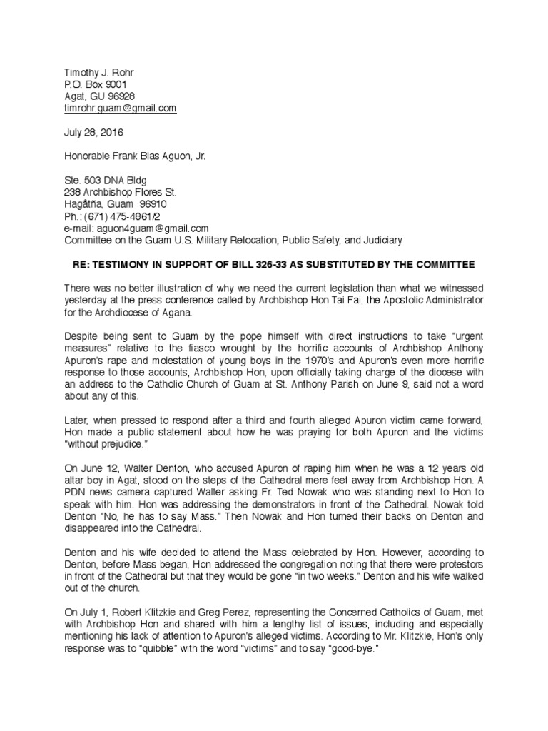 Bill 326-33. Testimony. Tim Rohr | PDF | Diocese | Catholic Church