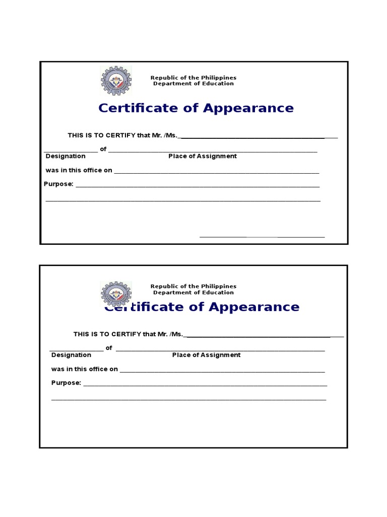 Certificate Of Appearance Template