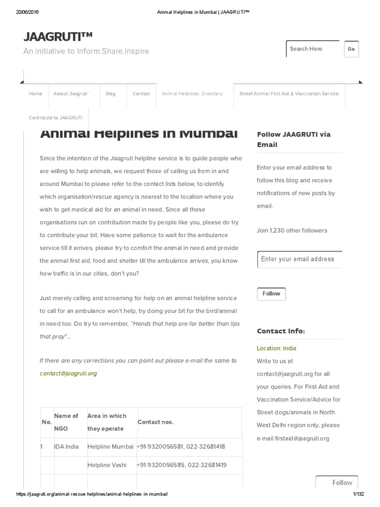 Animal Helplines in Mumbai - JAAGRUTI™ | PDF | Email | Dogs