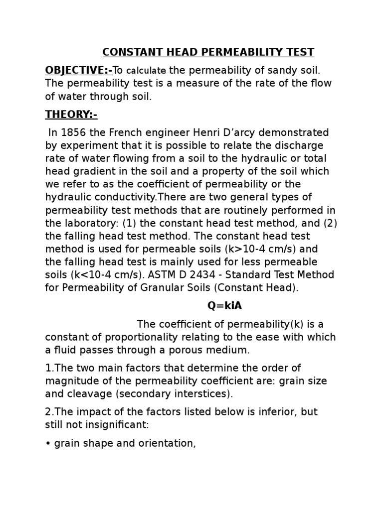 Constant Head Permeability Test Guide | PDF | Permeability (Earth ...