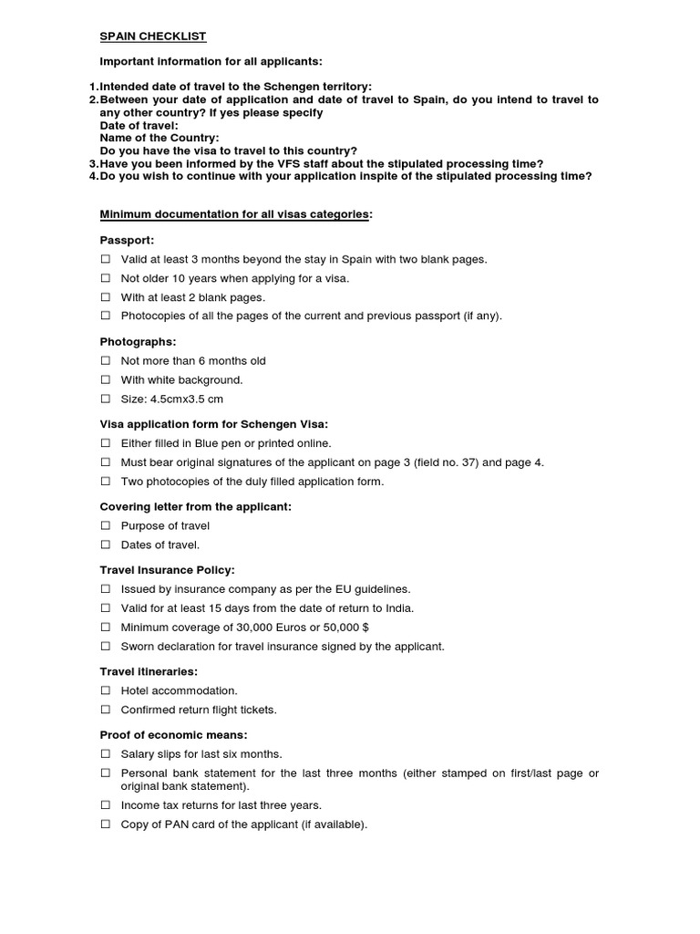 Spain Checklist | PDF | Travel Visa | Passport