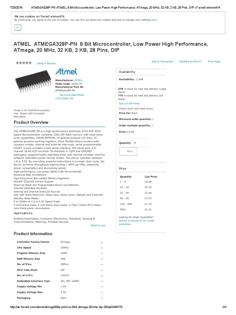 ATMEGA328P-PN ATMEL, 8 Bit Microcontroller, Low Power High Performance ...