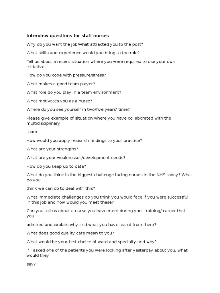 0001 Interview Questions For Staff Nurses | PDF | National Health ...