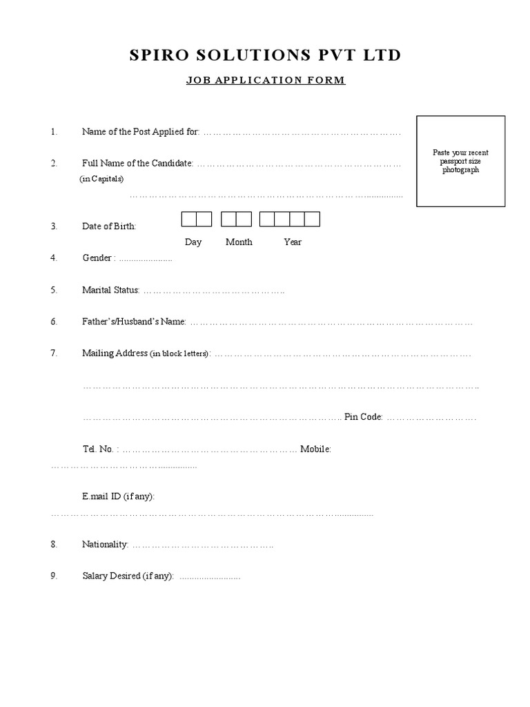 Spiro Solutions PVT LTD: Job Application Form | PDF