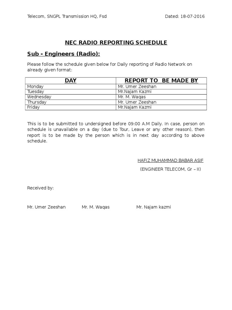 Daily Radio Reporting Schedule for Engineers | PDF