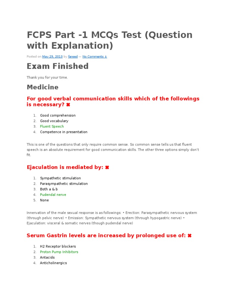 Fcps Part - 1 Mcqs Test (Question With Explanation) : Exam Finished | PDF