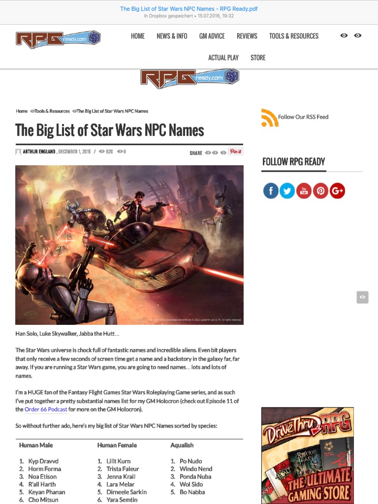 The Big List of Star Wars NPC Names - RPG Ready | Download Free PDF ...