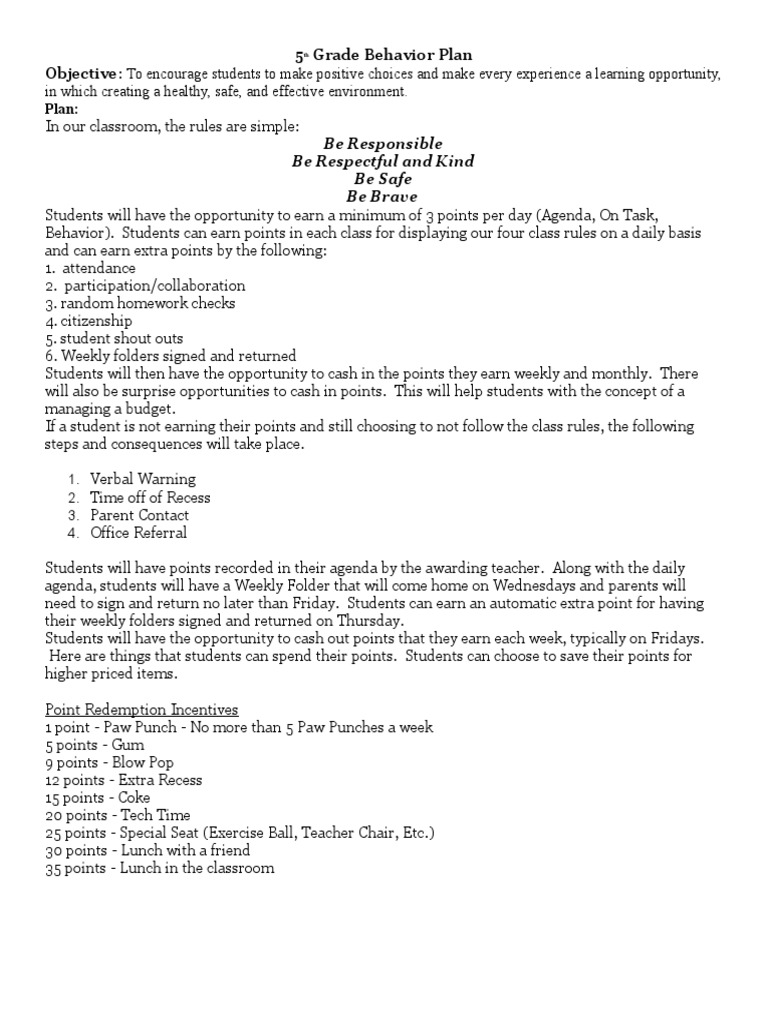 5th Grade Behavior Plan 16-17 | PDF