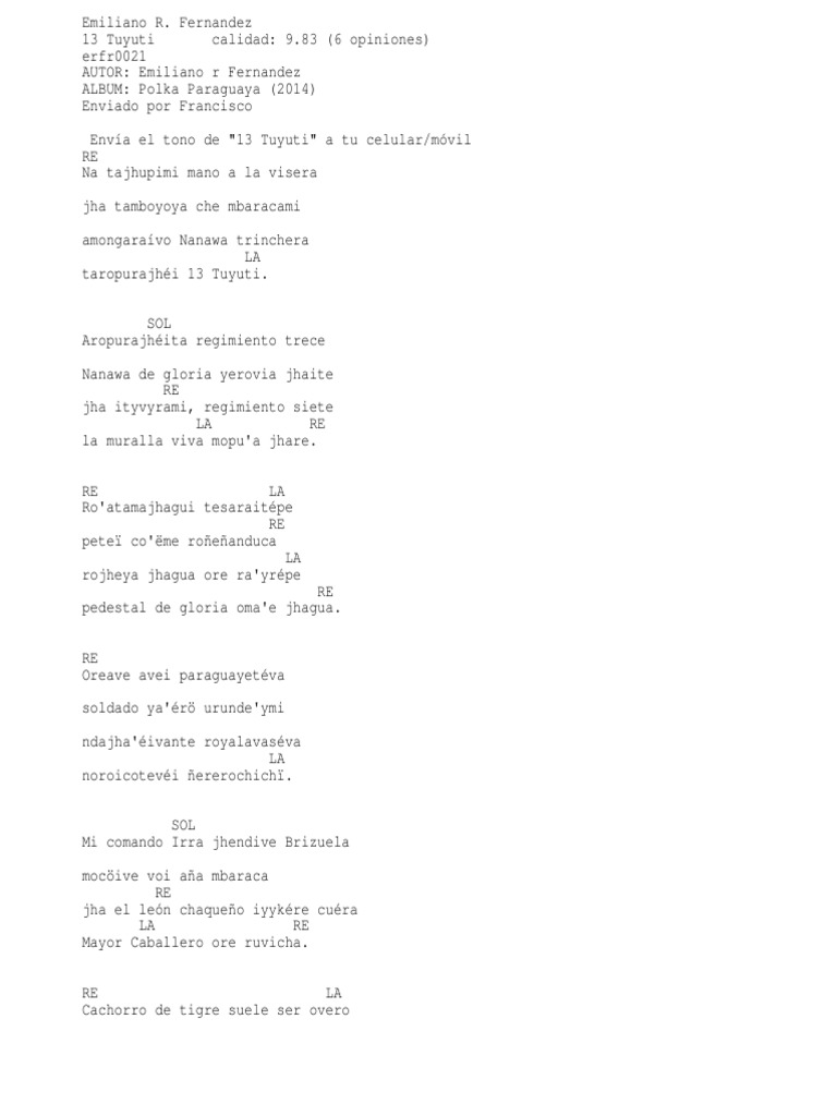 Letra Completa de 13 Tuyuti | PDF | Ciencia militar | Conflictos del ...
