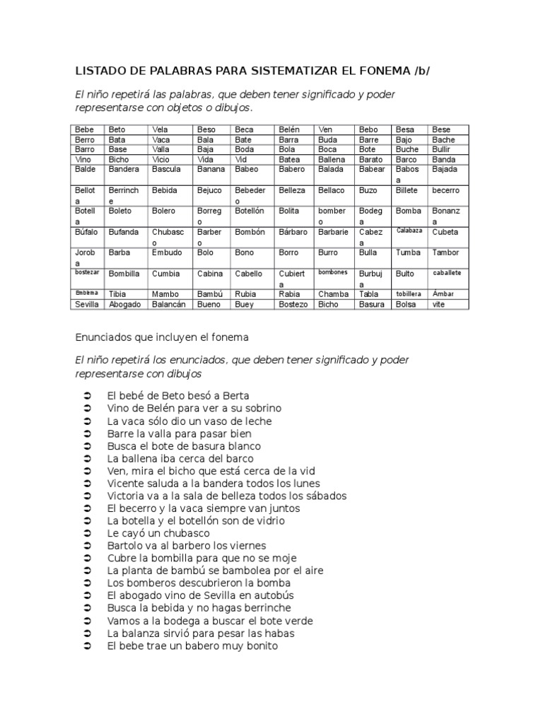 Listado De Palabras Para Sistematizar El Fonema Pdf Comida Y Bebida