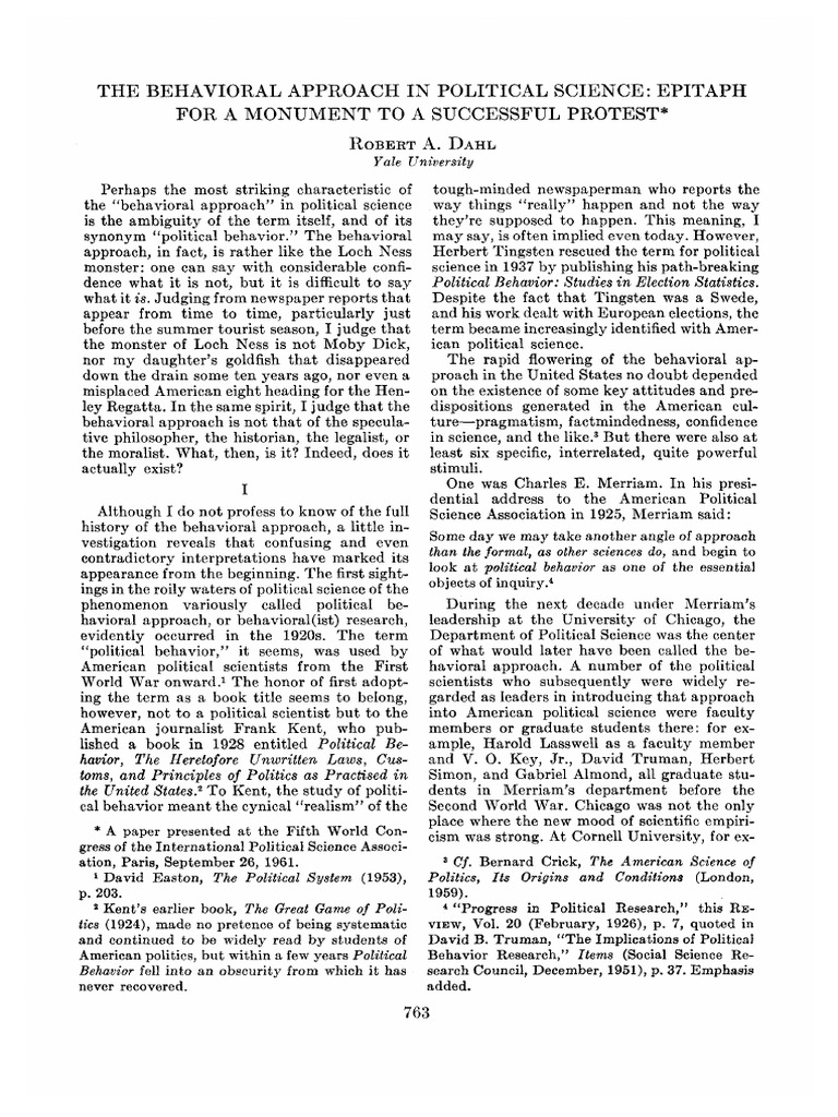 The Behavioral Approach in Political Science: Epitaph For A Monument To ...