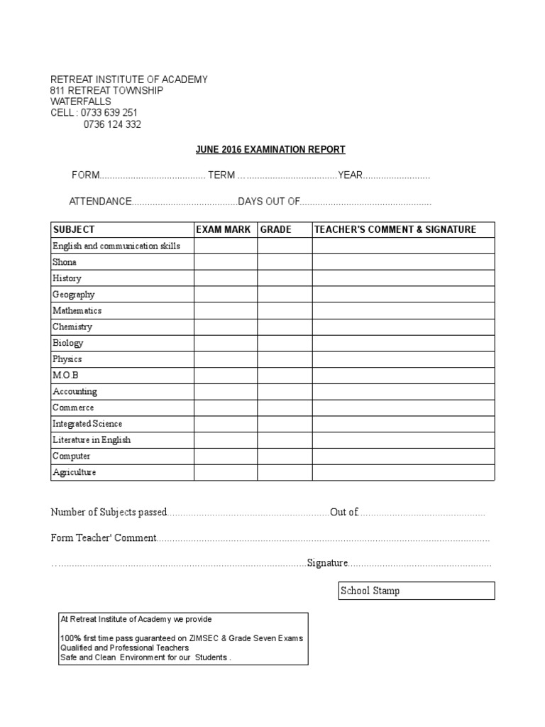 June 2016 Examination Report from Retreat Institute of Academy ...