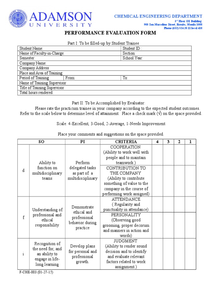 ChE Performance Evaluation Form AssessmentbyEmployer | PDF