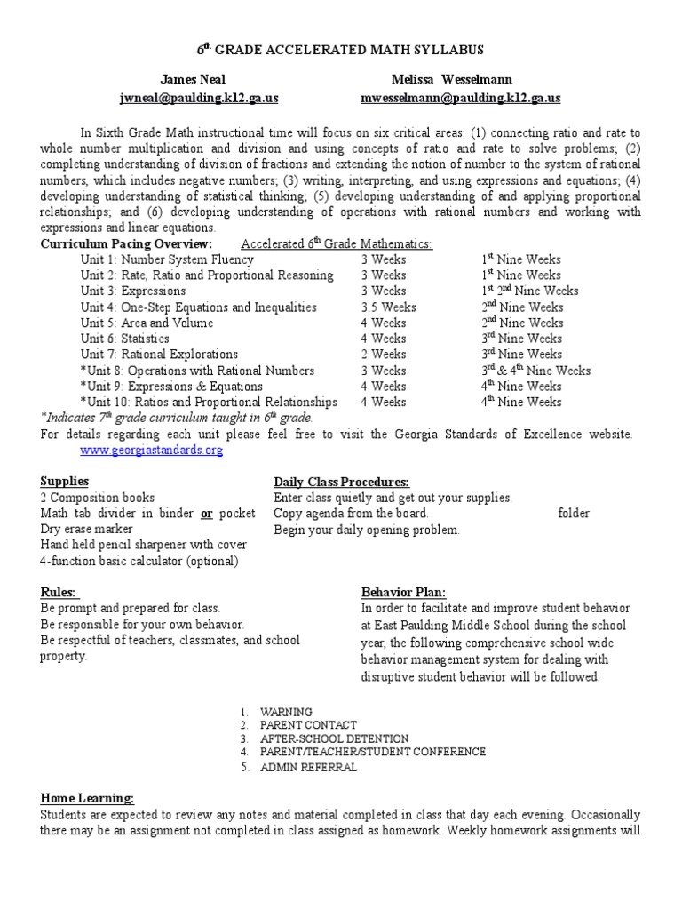 6th Grade Accelerated Math Syllabus | PDF | Homework | Educational ...