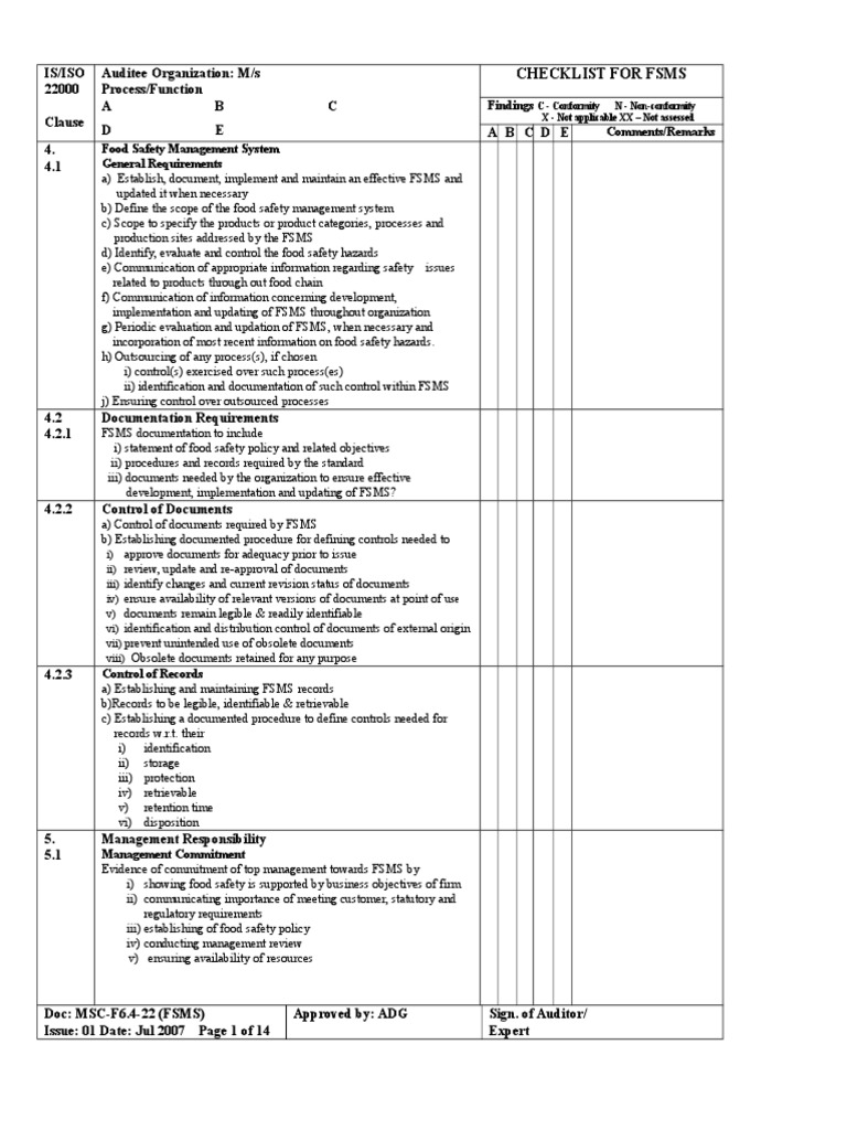 iso 22000 Checklist Fsms f6.4-22 (Fsms) | Verification And Validation ...