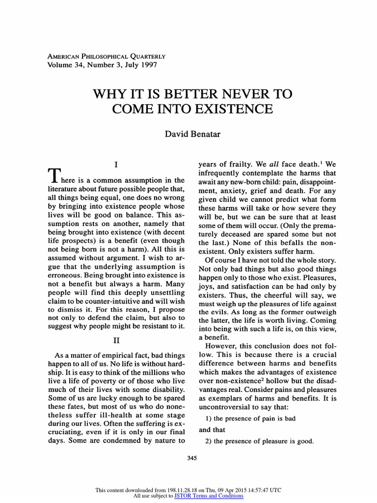 David Benatar - Why It is Better Never to Come Into Existence ...