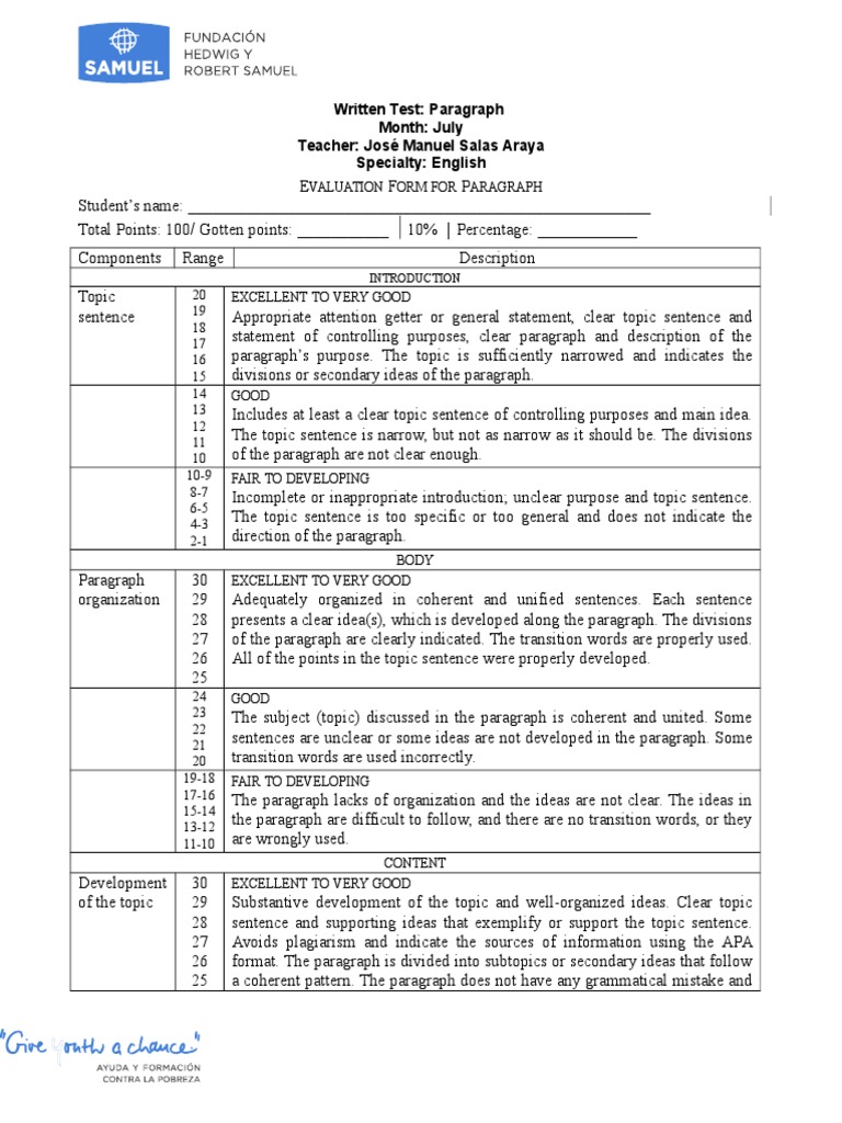 Written Test Paragraph Evaluation Form Paragraph English Language