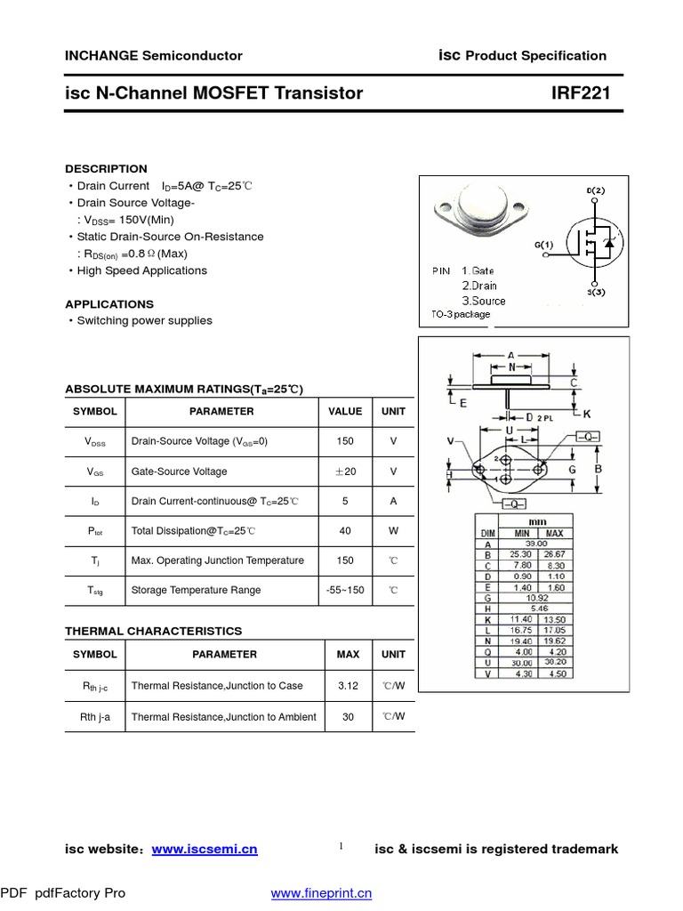 Isc N-Channel MOSFET Transistor IRF221: INCHANGE Semiconductor Product Specification | PDF