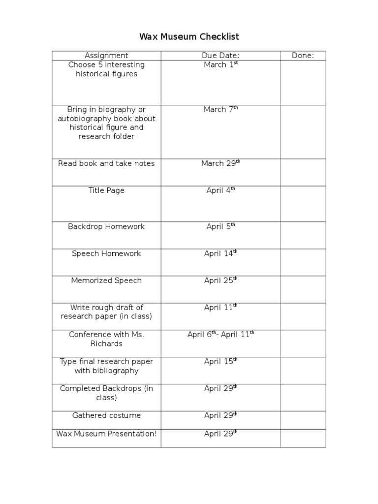 Wax Museum Project Timeline Checklist | PDF